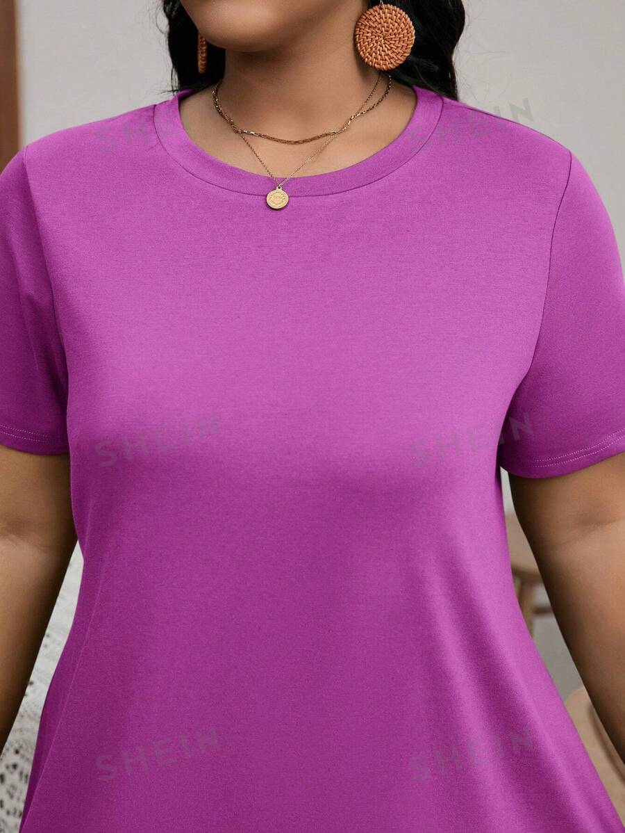 Shein Lune Plus Size Womens Summer Solid Color Round Neck Short Sleeve