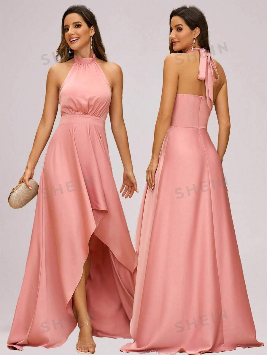 SHEIN Belle Vestido de dama de honra feminino romântico rosa cetim alça ...