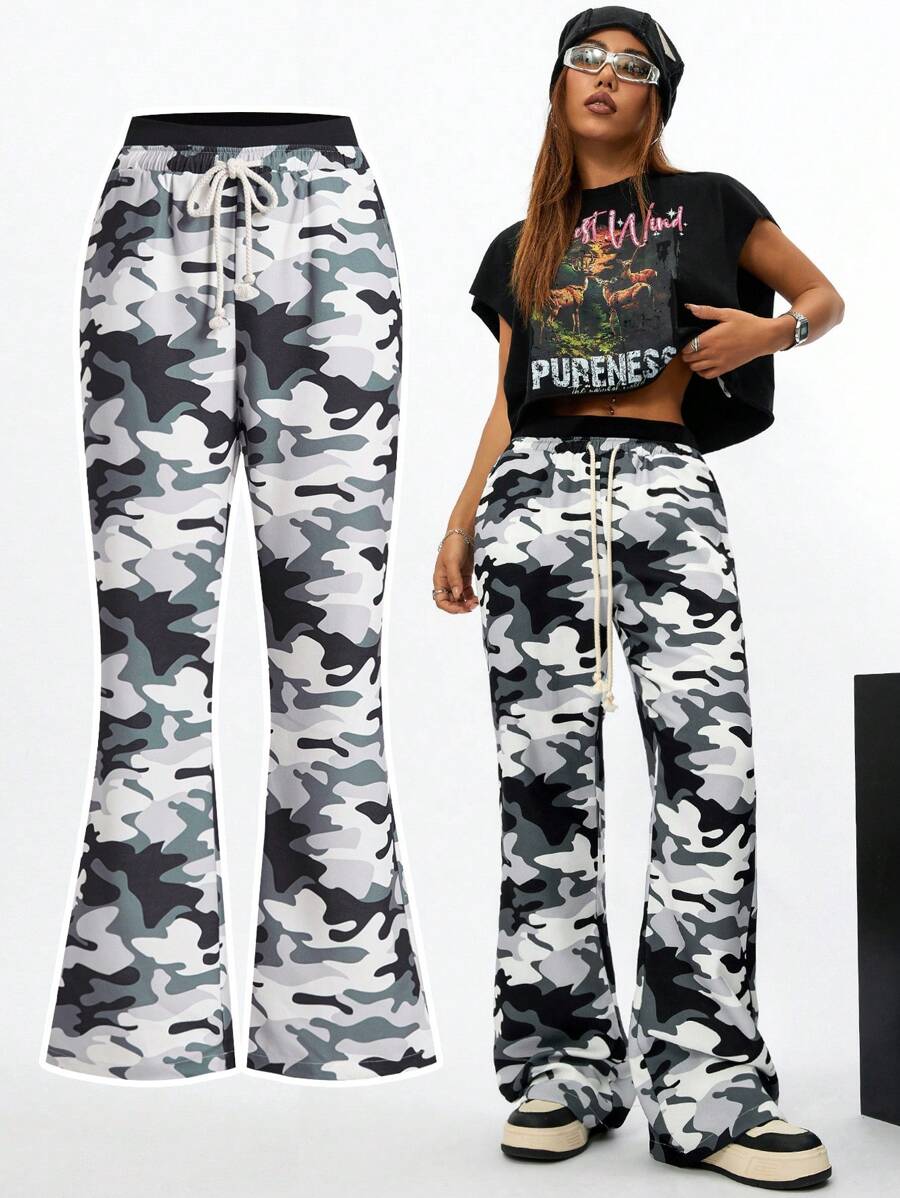 SHEIN Coolane Women's Summer Hip-Hop Streetwear Knit Camo Flare(Jeans ...