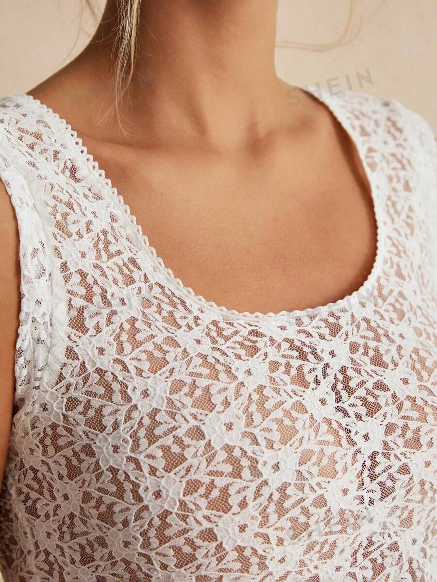 SHEIN Frenchy Ladies' White Lace See-Through Blouse, Cute And Sexy U ...