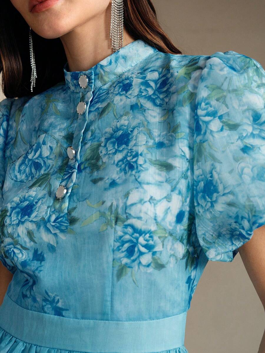 Anewsta French Elegant Floral Print Women's Yellow Bubble Short Sleeve Stand Collar Dress ...