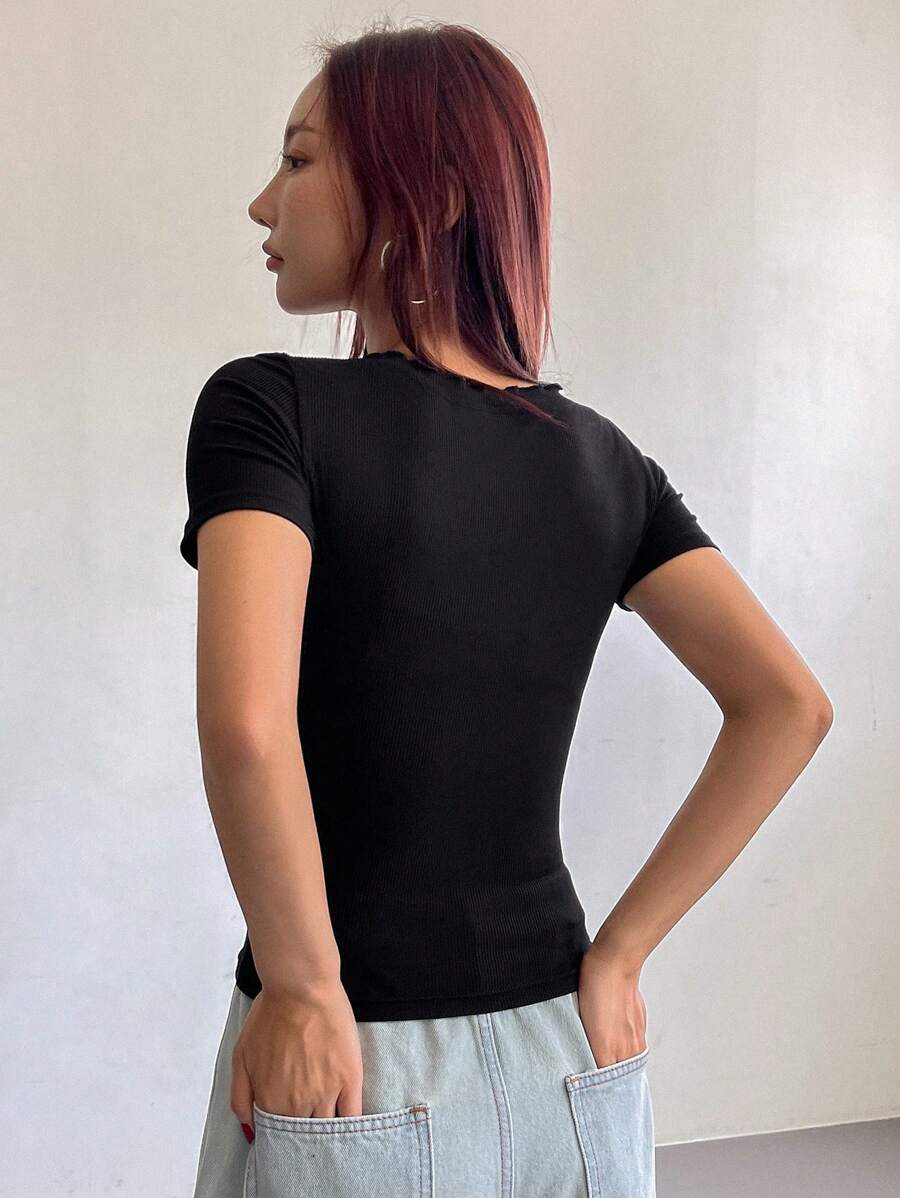 DAZY Alphabet Printed Half-Placket Button Big Round Neck Tight Short Sleeve T-Shirt For Women ...