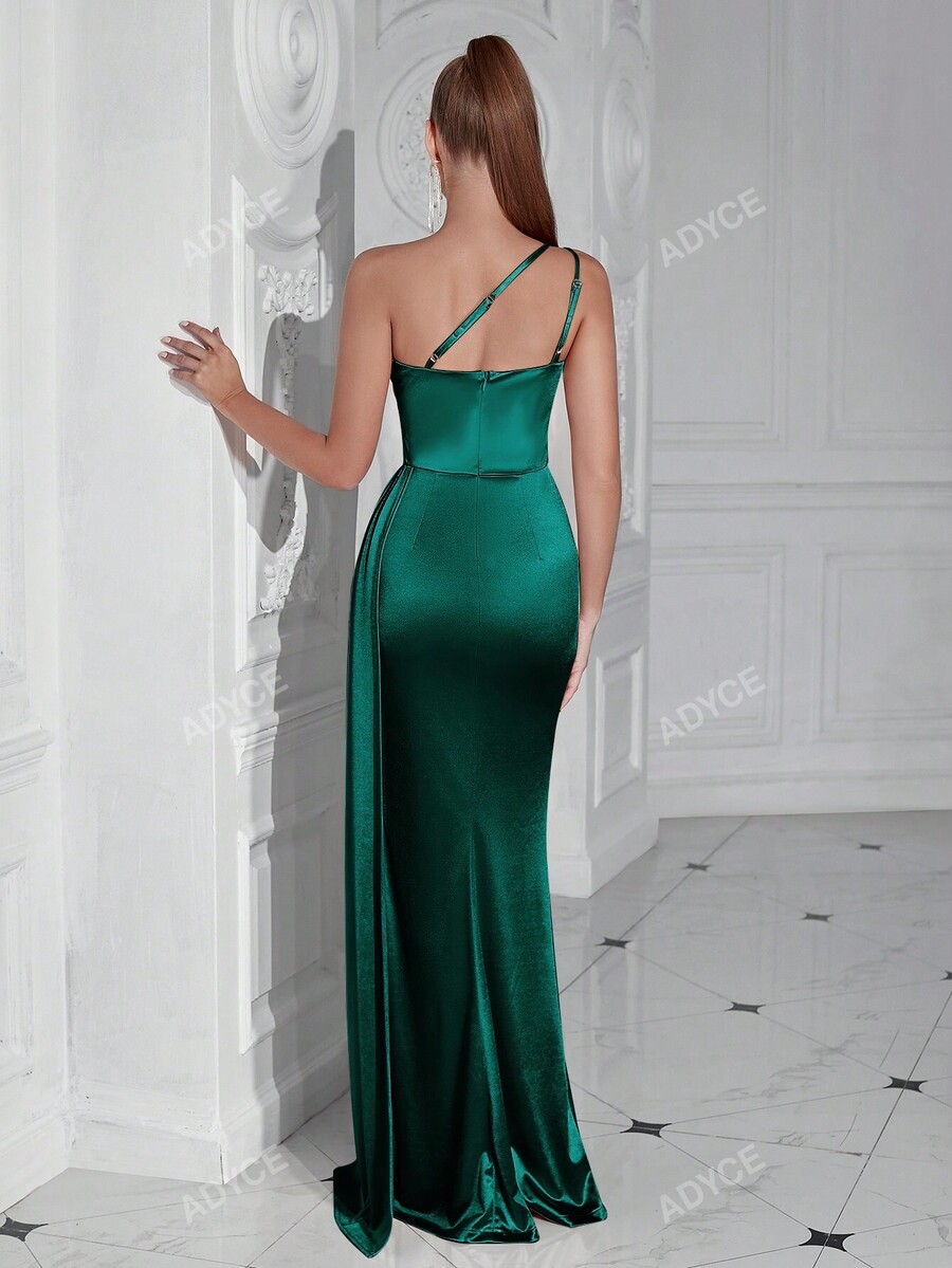 ADYCE Solid Color Asymmetric Neckline Ruched High Slit Dress With Flowing Sash, Elegant ...