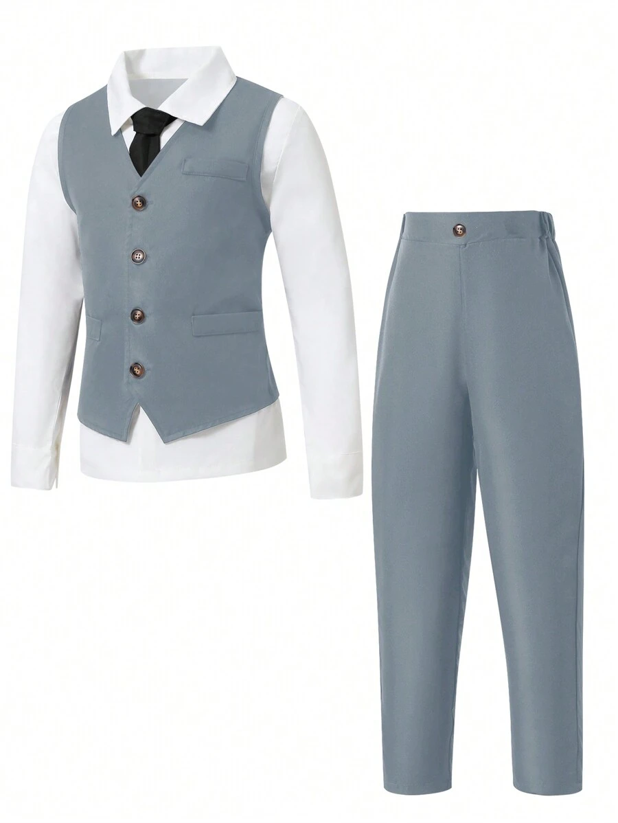 SHEIN 2pcs Gentleman Suit Set For Tween Boy, Front Button Vest + Long ...