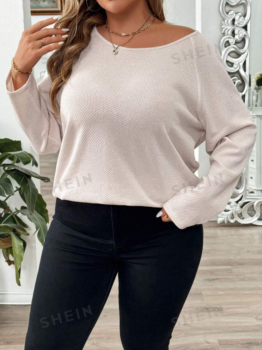 SHEIN LUNE Asymmetrical Neck Two-Way Wearing Texture Long Sleeve Plus Size T-Shirt | SHEIN UK