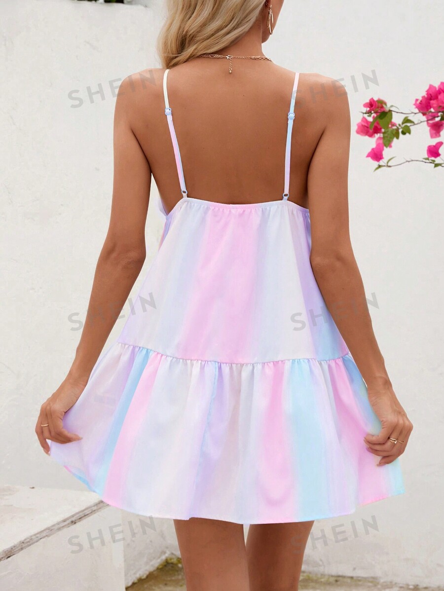 SHEIN WYWH Women Tie-Dye Halter Neck Dress With Ruffle Hem For Summer ...