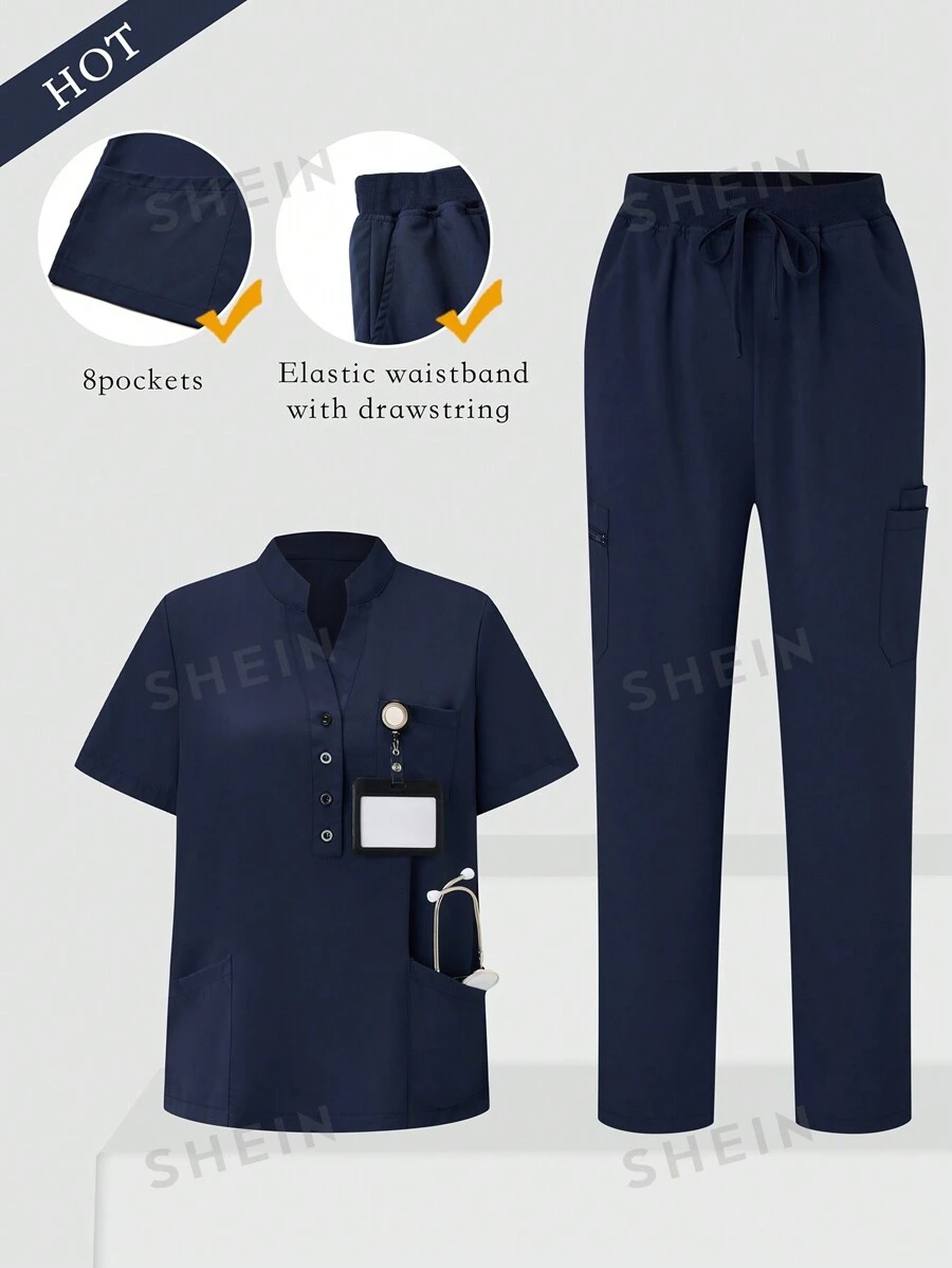 SHEIN TaskFit Short Sleeve Notch Neck Top With Pocket And Pants Uniform ...