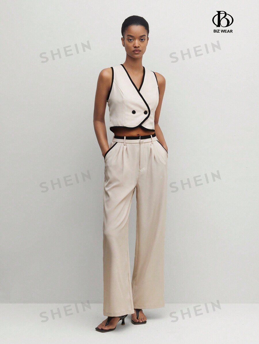 Shein Bizwear Traje De Pantalón Y Top Doble Botonadura Sin Mangas Para