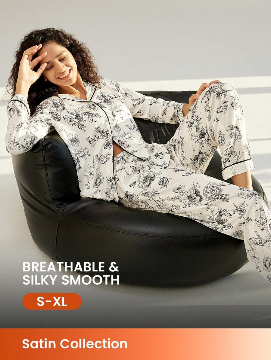 Satin Floral Button-Up & Pant Women Pajamas Set | SHEIN USA