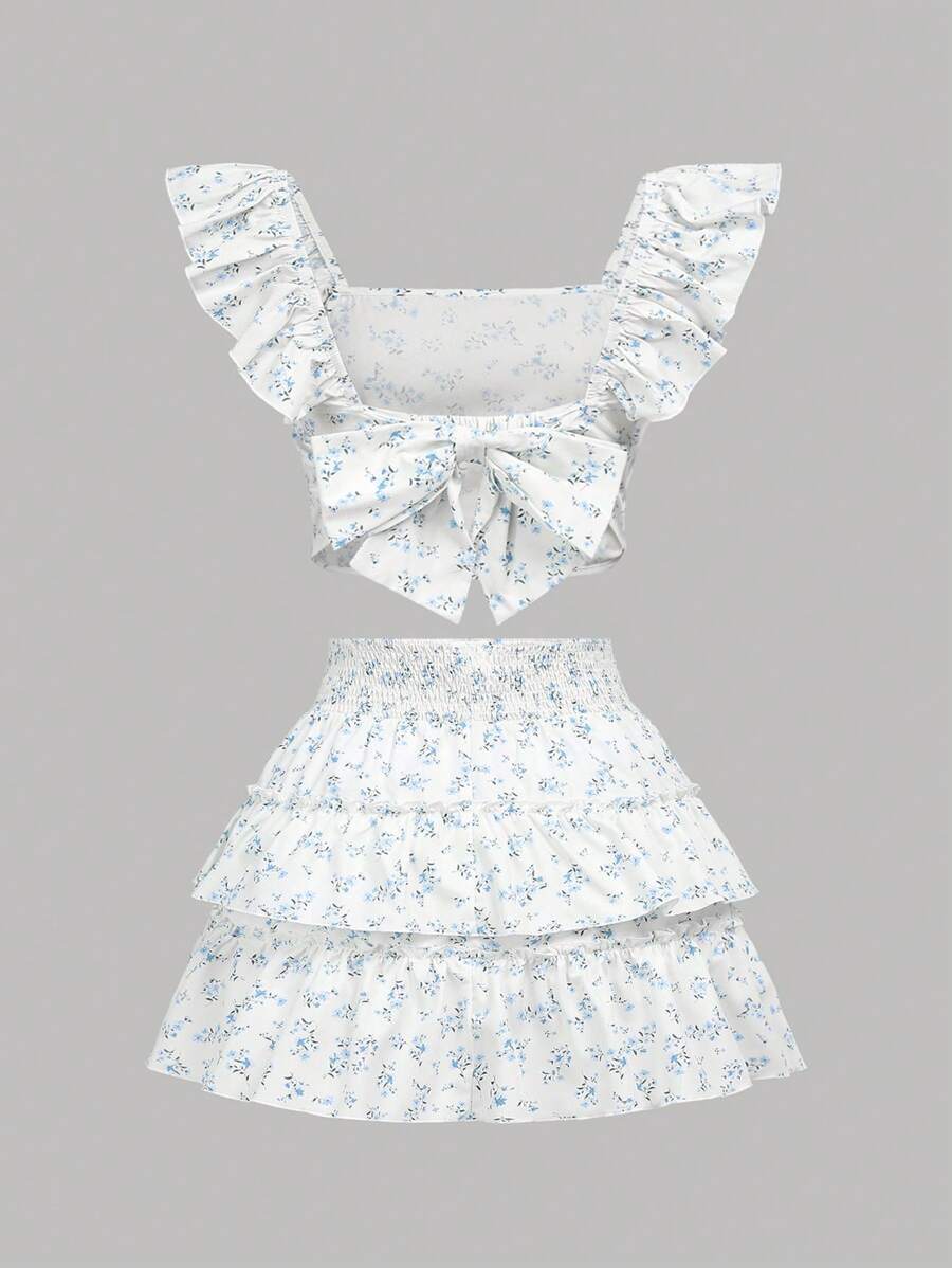 SHEIN Girlism Teen Girl Vintage Blue Ditsy Floral Flutter Sleeve Shirt ...