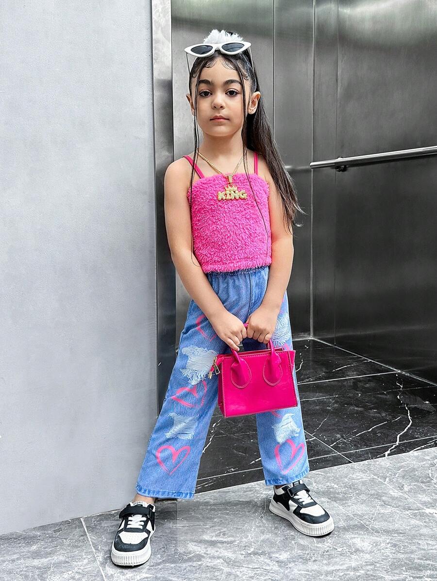 SHEIN Streecool Kids Girls' Street Fashion Sweet & Cool Y2K Plush Tank Top And Heart Print Long ...