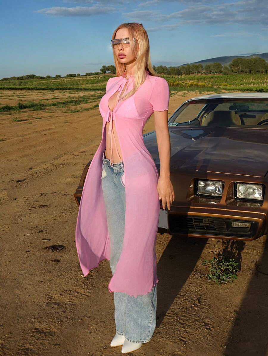 SHEIN ICON Slim Fit Long Mesh See-Through Blouse With Tie Front | SHEIN UK