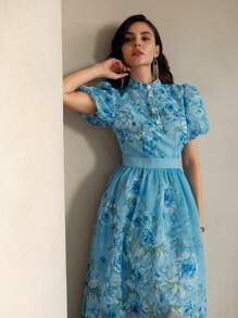 Anewsta French Elegant Floral Print Women's Yellow Bubble Short Sleeve Stand Collar Dress ...