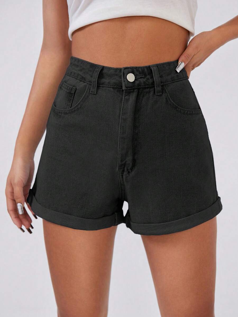 High Waist Roll Up Hem Denim Shorts | SHEIN USA