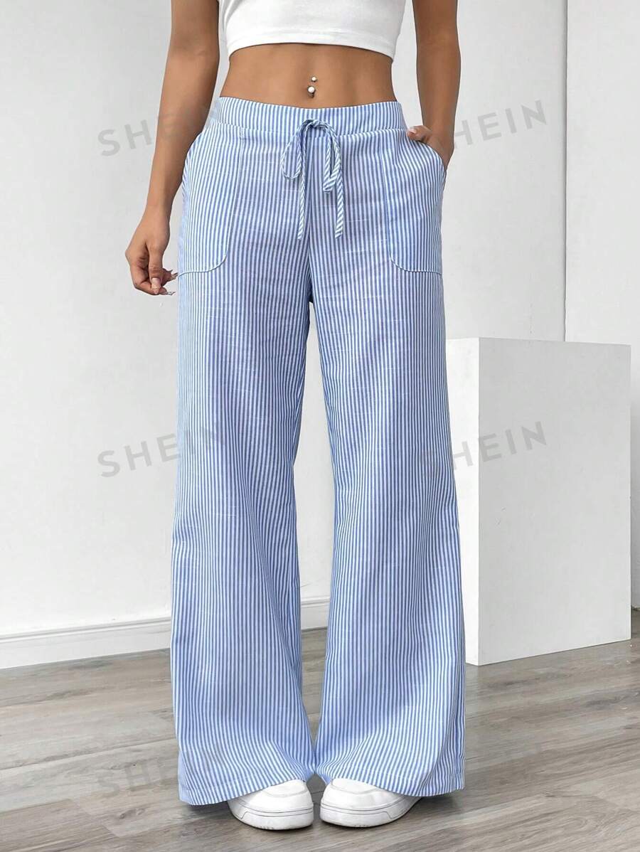 SHEIN Essnce Women's Blue Striped Low-Waist Wide Leg Pants For Holiday ...