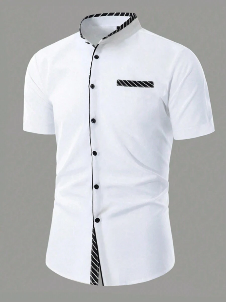 Calvornis Men's Short Sleeve Casual Shirt With Stripes And Stand Collar ...