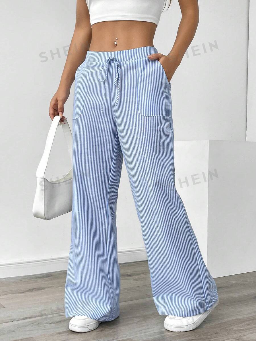 SHEIN Essnce Women's Blue Striped Low-Waist Wide Leg Pants For Holiday ...