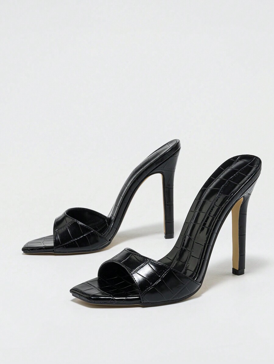 Women's Sexy Pointed Toe High Heels Mules, Black With Textured Pattern | SHEIN