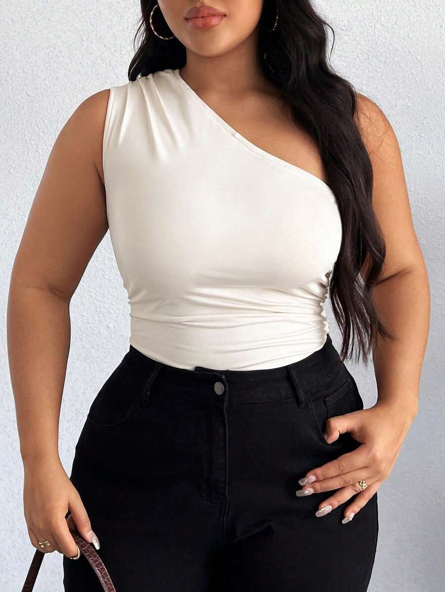 SHEIN Relaxiva Plus Size Women's Slim Fit Solid Color One-Shoulder ...
