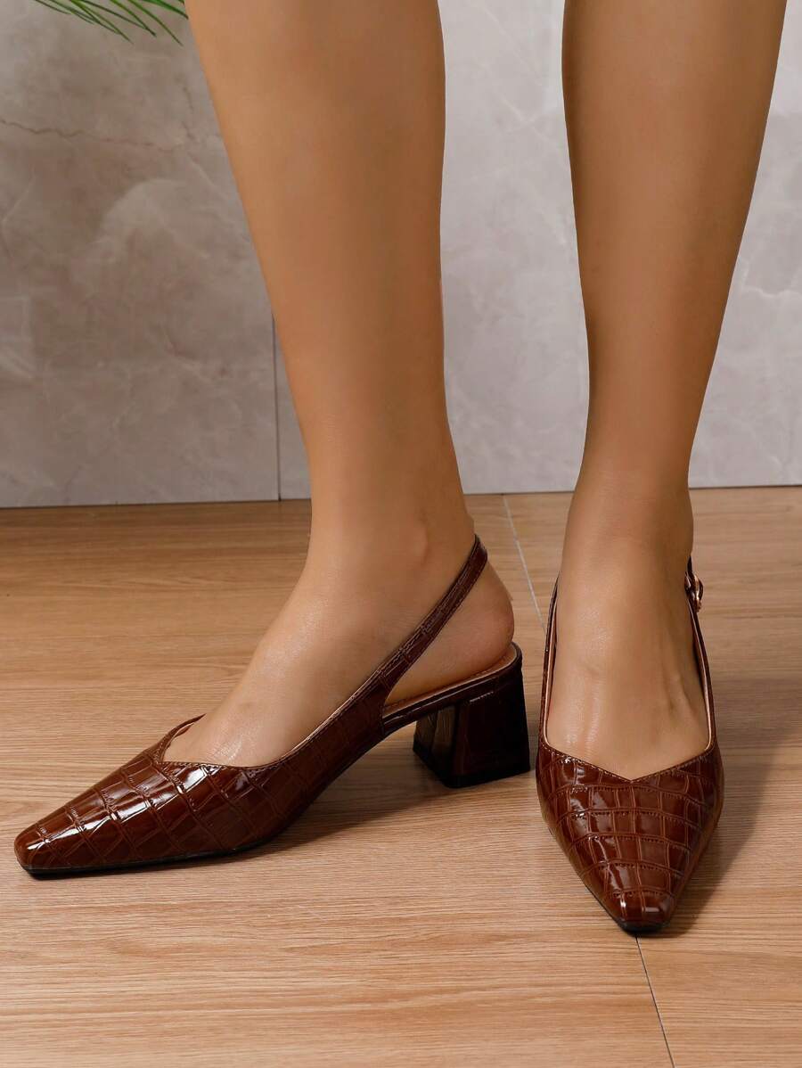 Ladies' Square Toe Chunky Heel Shoes In Stone Textured Brown ...