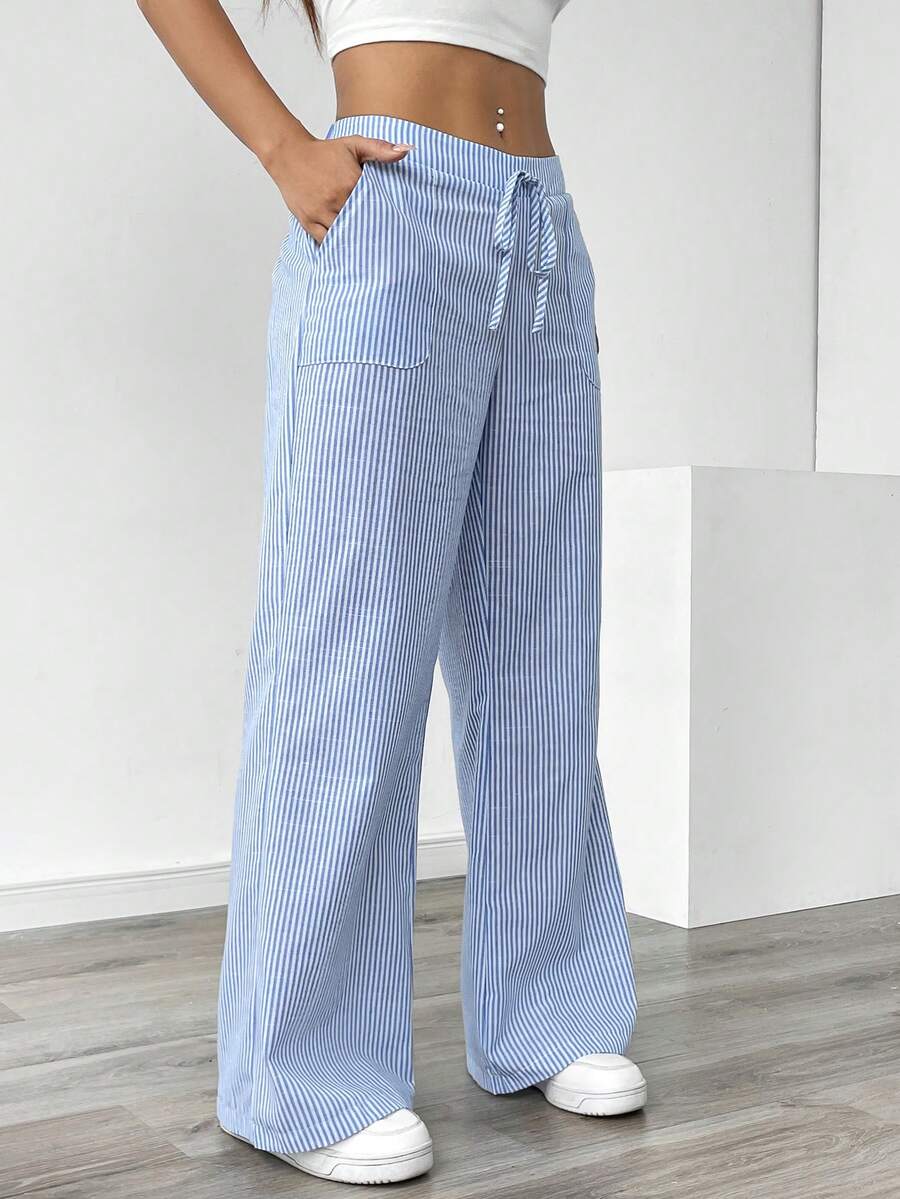SHEIN Essnce Women's Blue Striped Low-Waist Wide Leg Pants For Holiday ...
