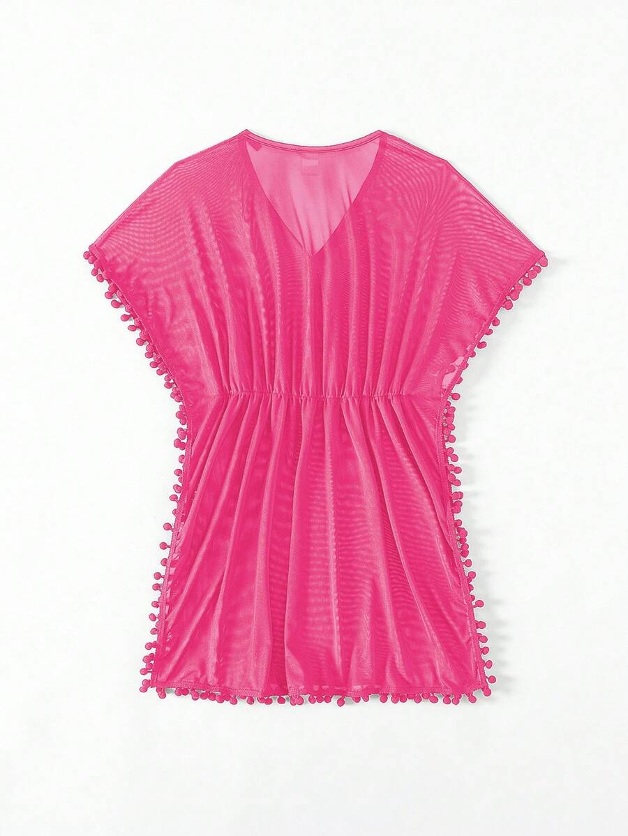 Teen Girl Black Swimsuit Cover-Up With Pom Pom Trim And Batwing Sleeves ...