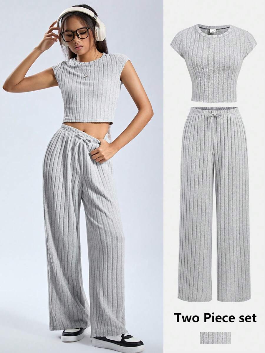 SHEIN Teen Girl Light Grey Ribbed Knit Fabric Crop Top & Wide Leg Pants ...