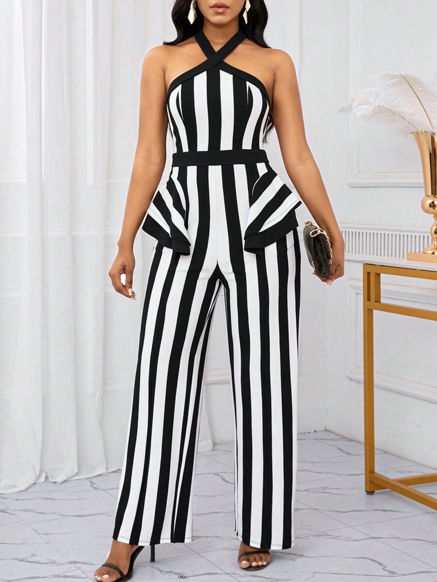 SHEIN Lady Macacão feminino com listras, alças e perna larga com calças ...