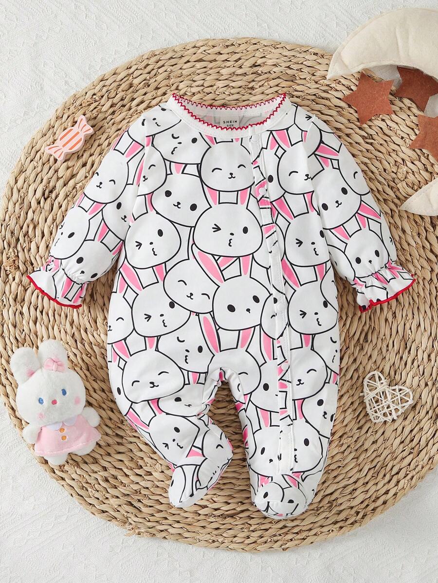 SHEIN Baby Girl Simple Full Allover Print Rabbit Long Sleeve Footed ...