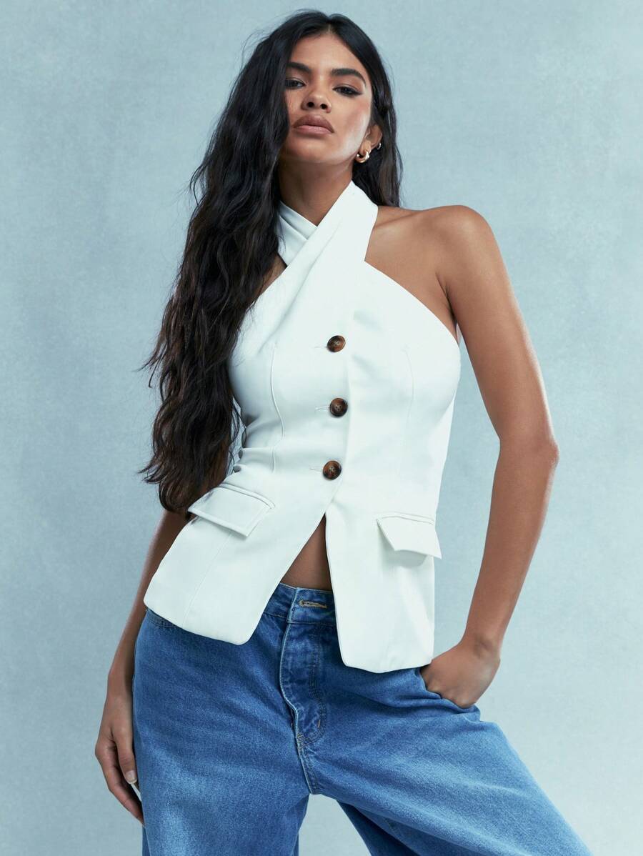 MISSGUIDED Buttoned Cross Halter Neck Backless Tank Top With Pockets ...