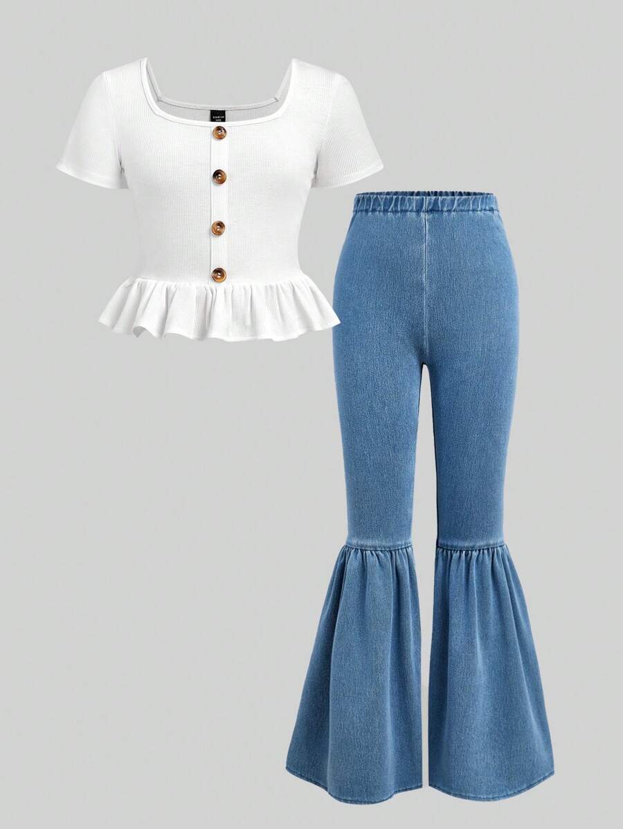 SHEIN Tween Girl Summer Boho 2 Pcs Ruffle Hem Button Front Tee ...