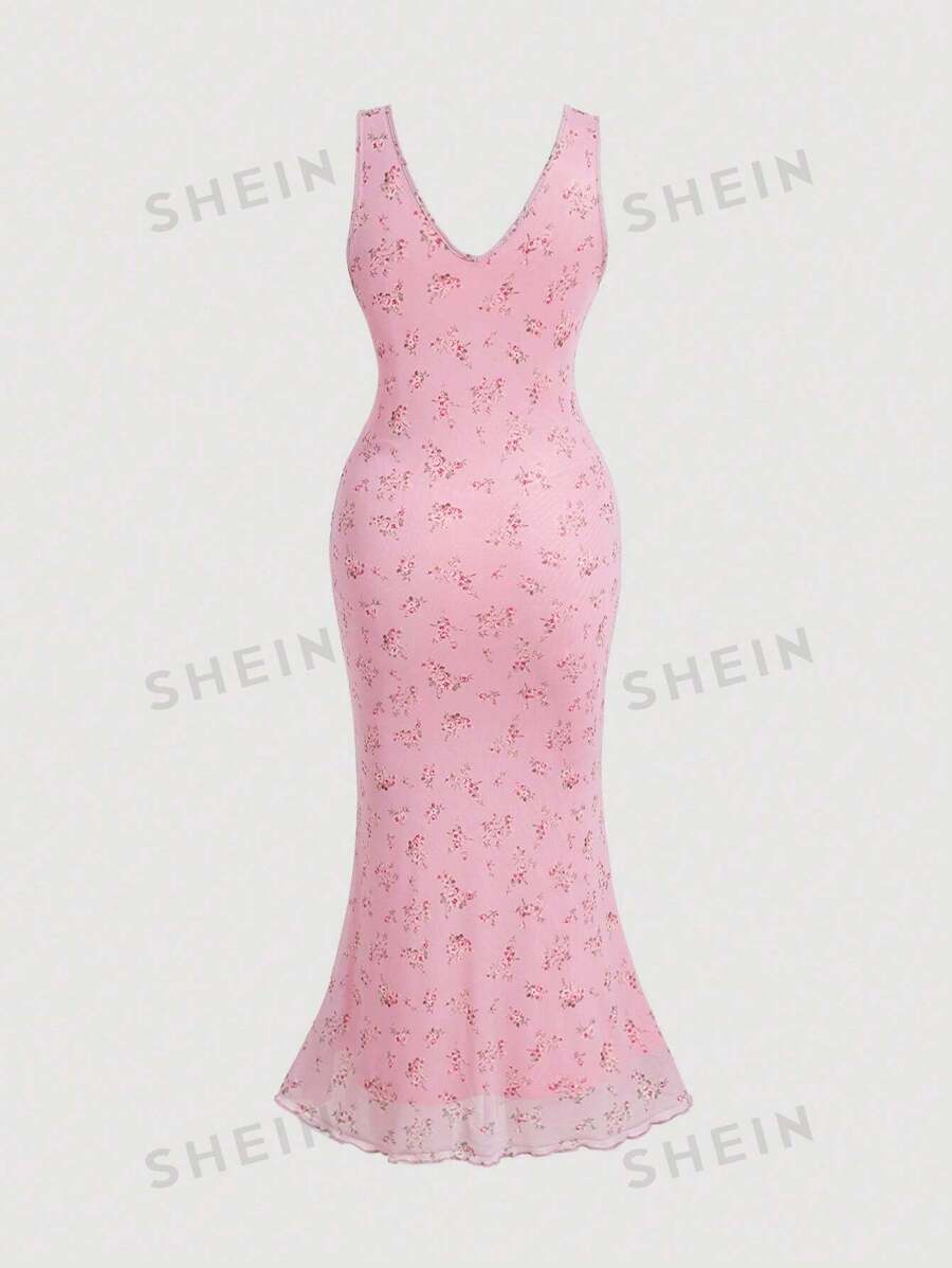 SHEIN MOD Vestido maxi rosa de flores pequeñas para vacaciones ...