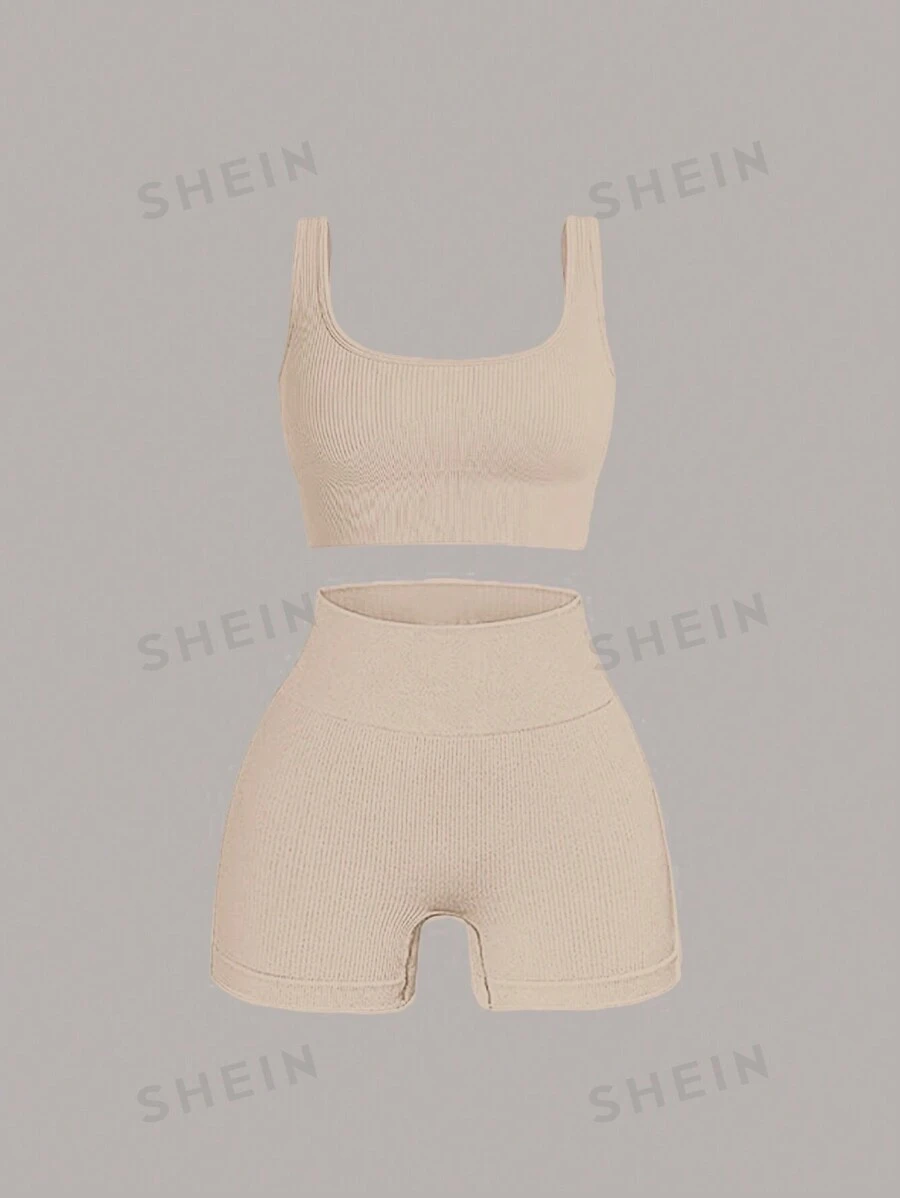 SHEIN EZwear Apricot Knitted Women's Tight-Fitting Casual Suit | SHEIN USA