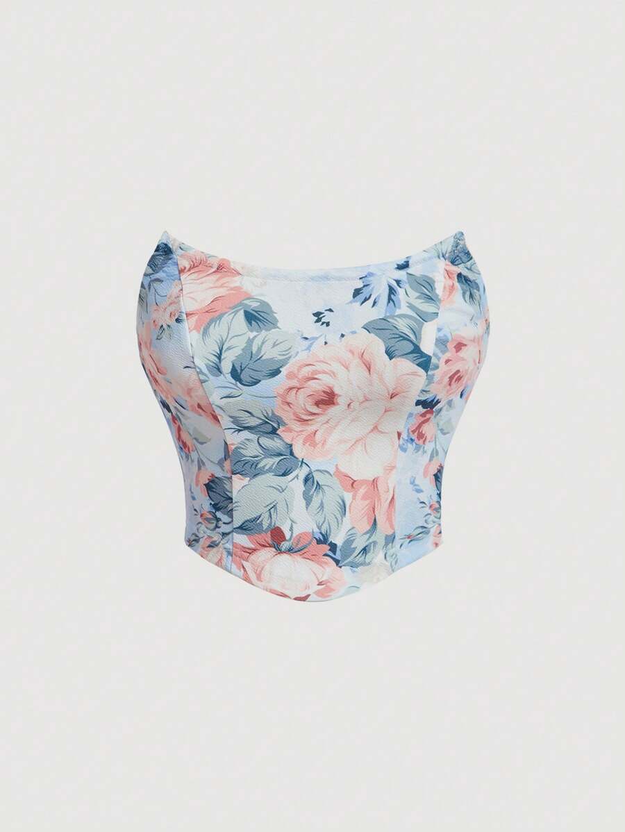 SHEIN MOD Blue And Pink Rose Flower Print Bustier Top,Dreamy Romantic ...