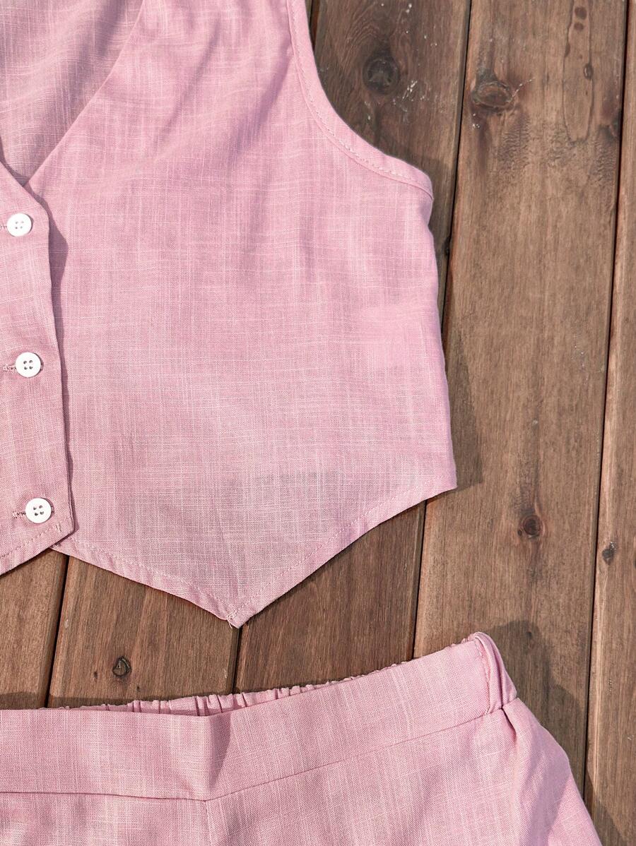 Tween Girls Solid Color Front Button V-Neck Vest Top And Pants Summer ...