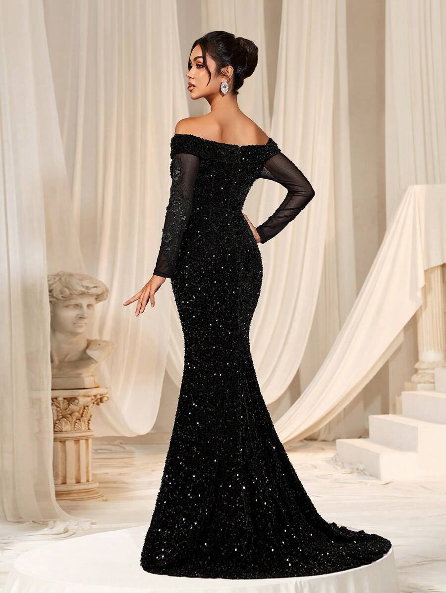 Faeriesty Off Shoulder Long Sleeve Sequin Mermaid Hem Formal Party Long Evening Gown Glittery ...