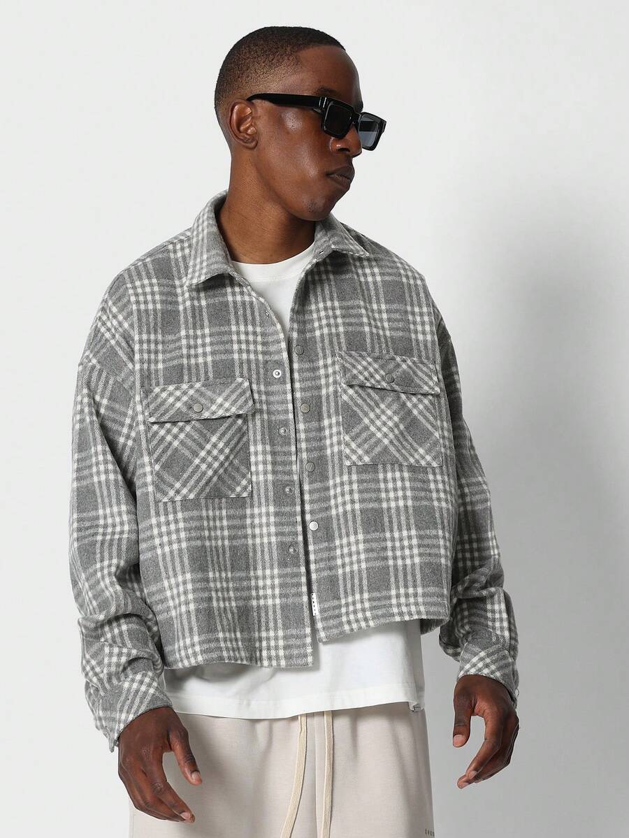 SUMWON Crop Fit Checkered Overshirt With Back Graphic Print College ...