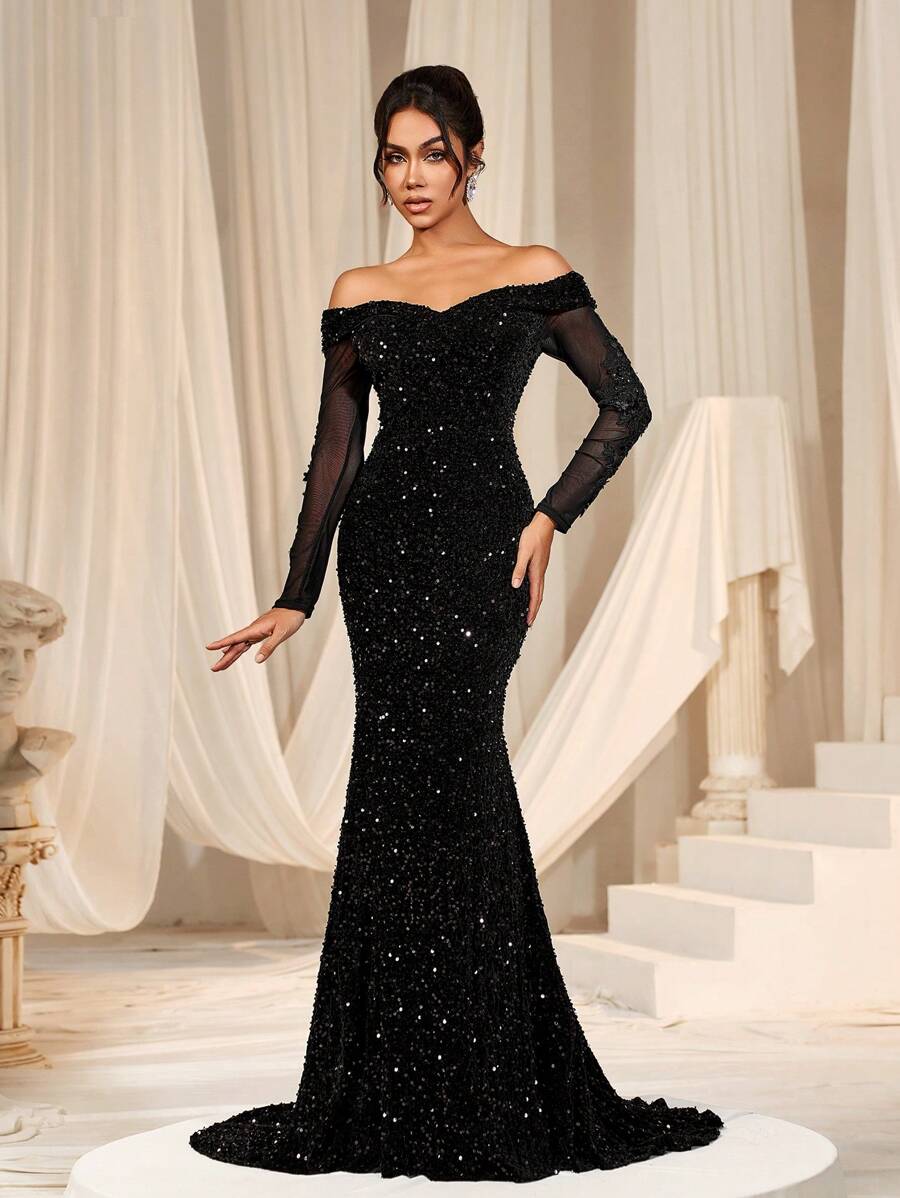 Faeriesty Off Shoulder Long Sleeve Sequin Mermaid Hem Formal Party Long Evening Gown Glittery ...