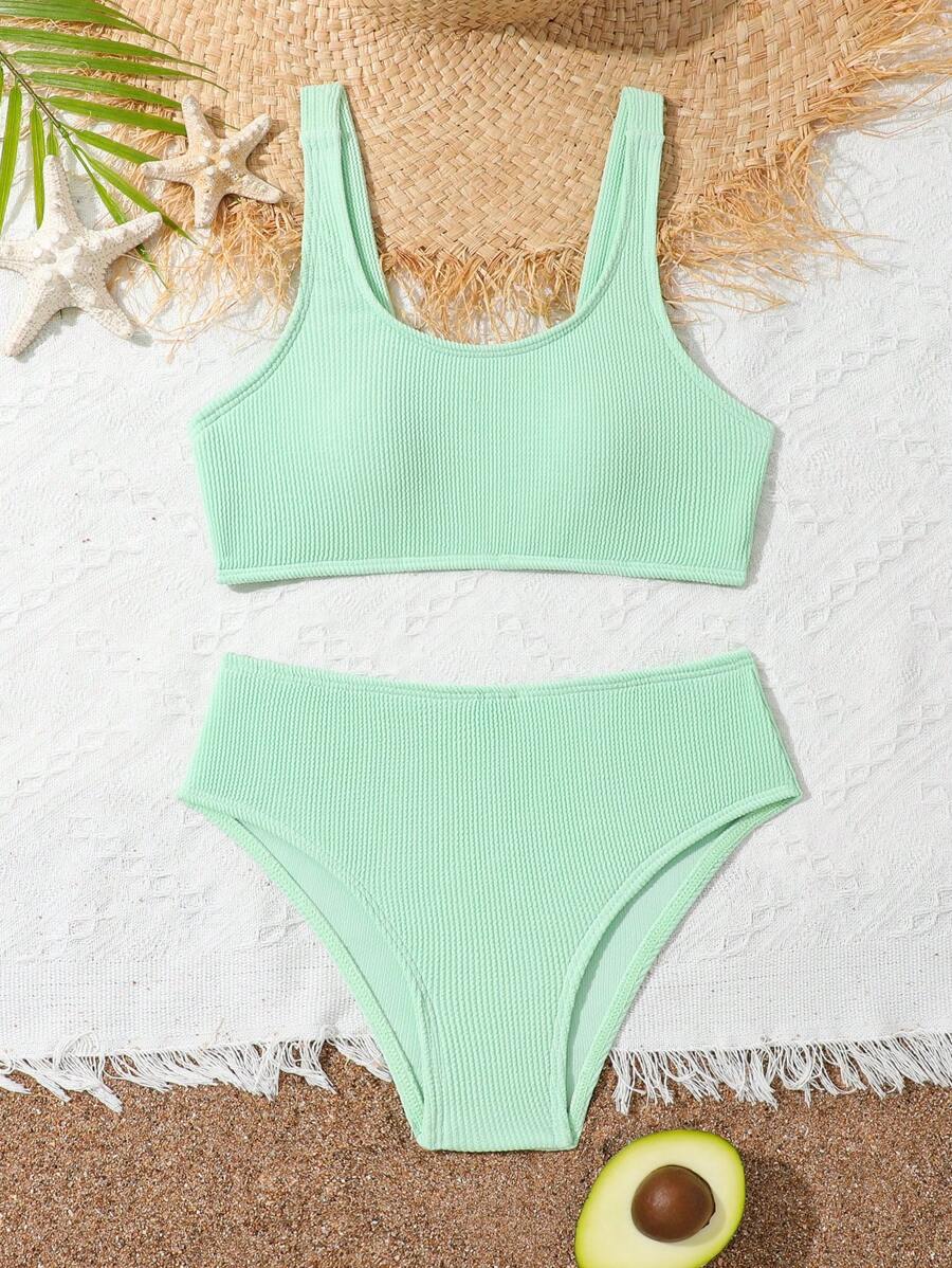 Solid Color Simple Daily Two-Piece Bikini Set For Tween Girl Summer ...
