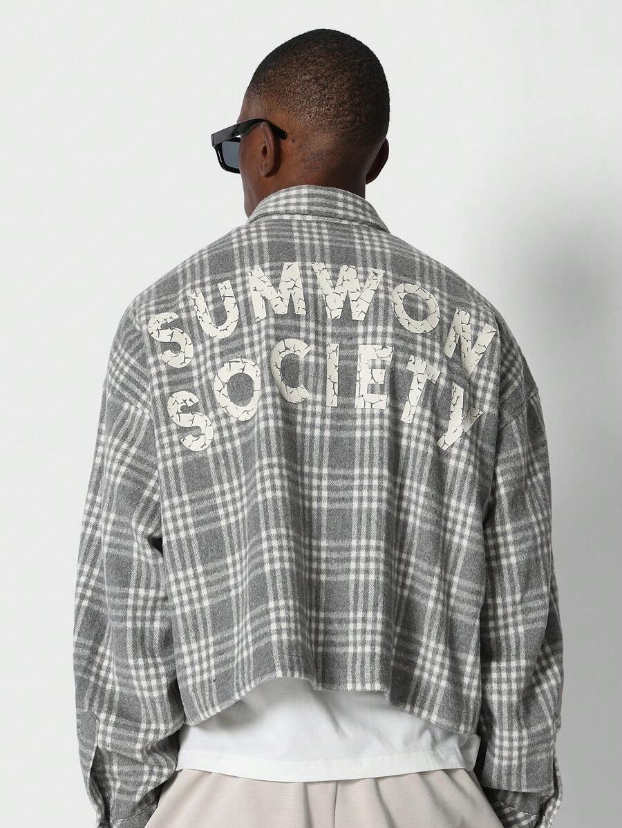 SUMWON Crop Fit Checkered Overshirt With Back Graphic Print College ...