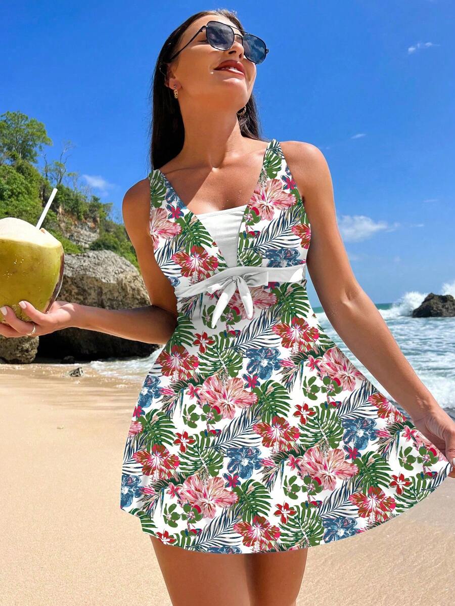 Swim Lushoire Tropical Printed Beach Holiday Swim Dress Summer | SHEIN