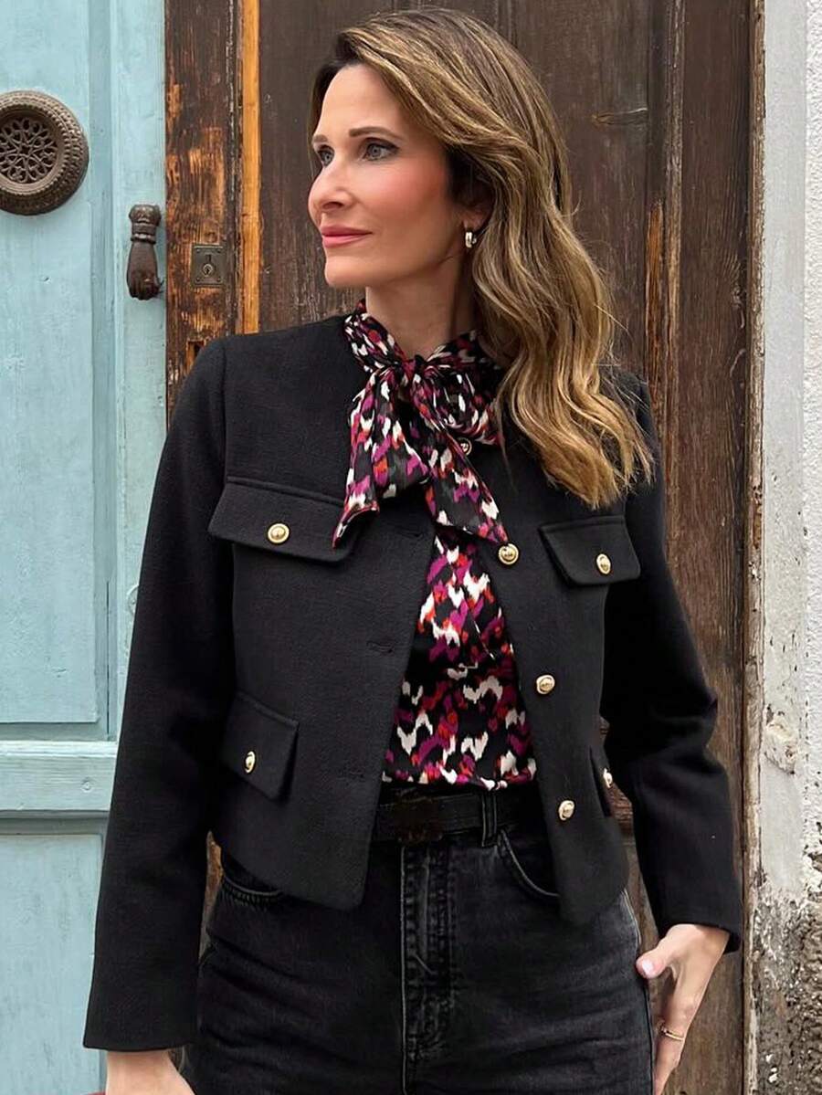 Women's Elegant Casual Tweed Jacket Round Neckline Decorated Long ...