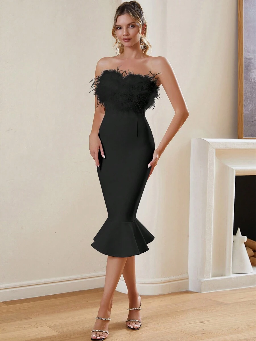 Fuzz Trim Ruffle Hem Tube Sweetheart Tight Bodycon Bandage Dress For ...