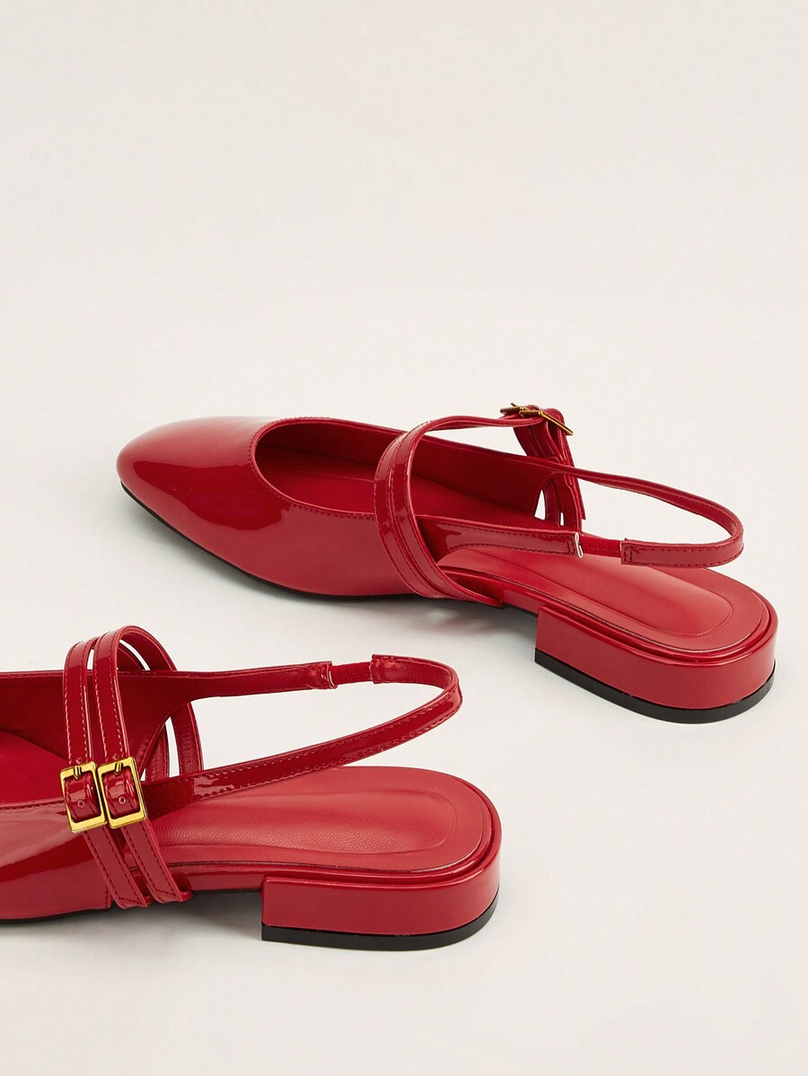 Casual Holiday Style Red Round Toe Buckle Strap Flat Shoes | SHEIN USA