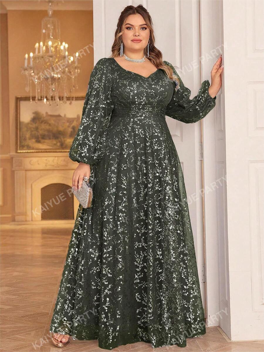 Plus Sweetheart Neck Lantern Sleeve Sequin Formal Dress, Elegant Long Sleeve Prom Evening ...