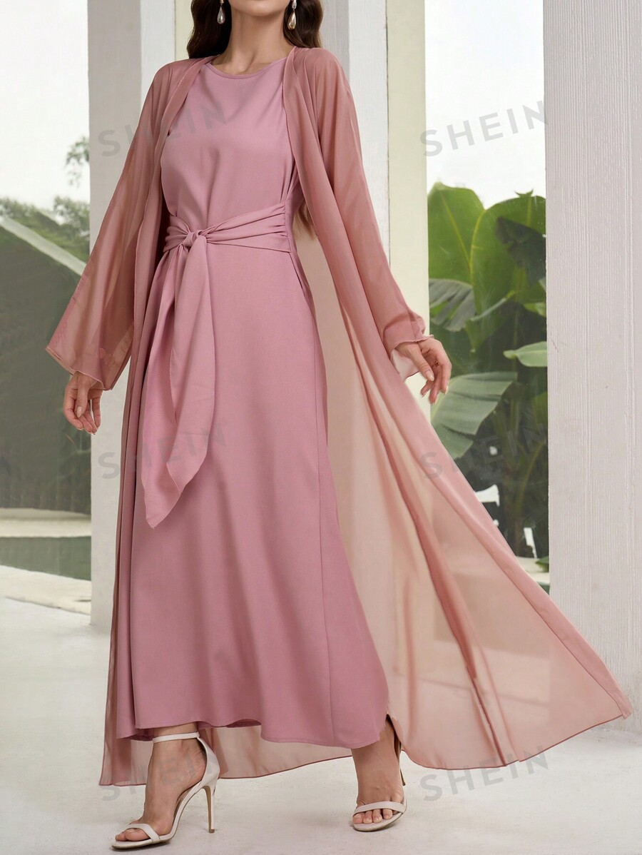 SHEIN Najma Ladies' Solid Color Simple Style Cape Coat Dress Set For ...