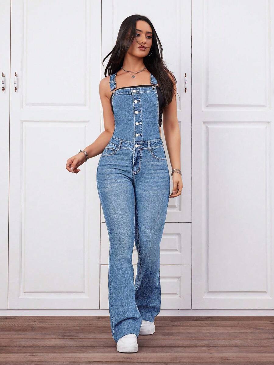 Women's Solid Color Simple Denim Overalls And Jumpsuits For Daily Wear ...