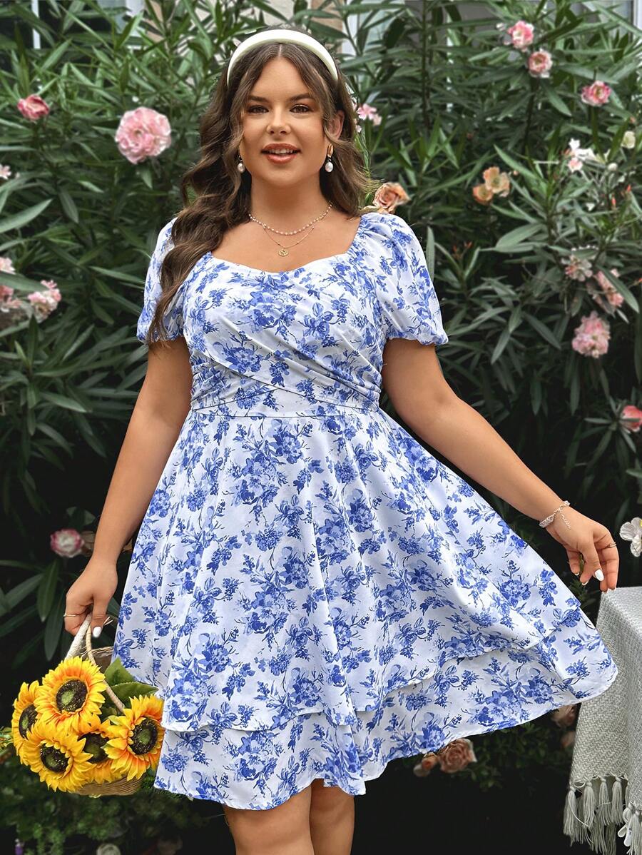 Dreamara Plus Size Women's Holiday Blue & White Floral Print Puff ...