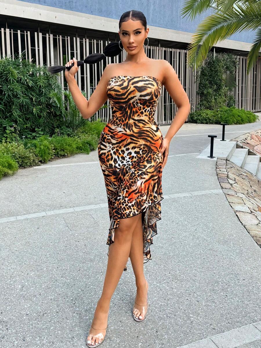 Shein Sxy Leopard Print Off Shoulder Midi Dress With High Slit And