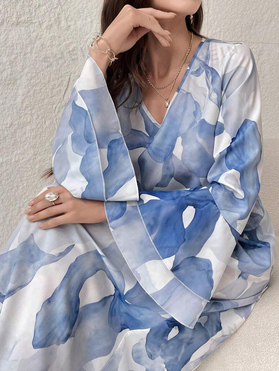 SHEIN Najma Women's V-Neck Floral Printed Elegant Long Sleeve Dress, Maxi Length Dress For ...